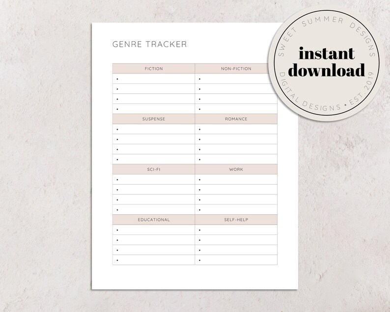 Book Genre Tracker Printable, Reading Journal Printable, Online Shop ...