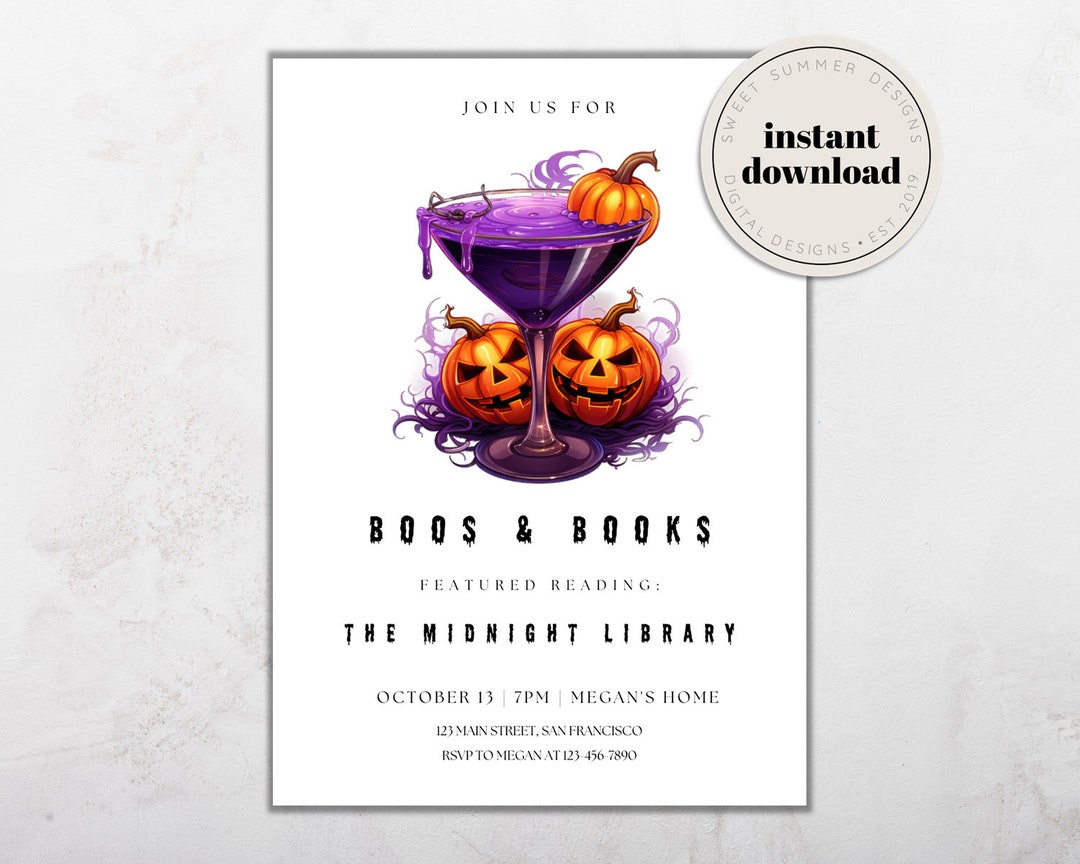 Purple Boos Book Club Printable Invitation Template, Book Club Party ...