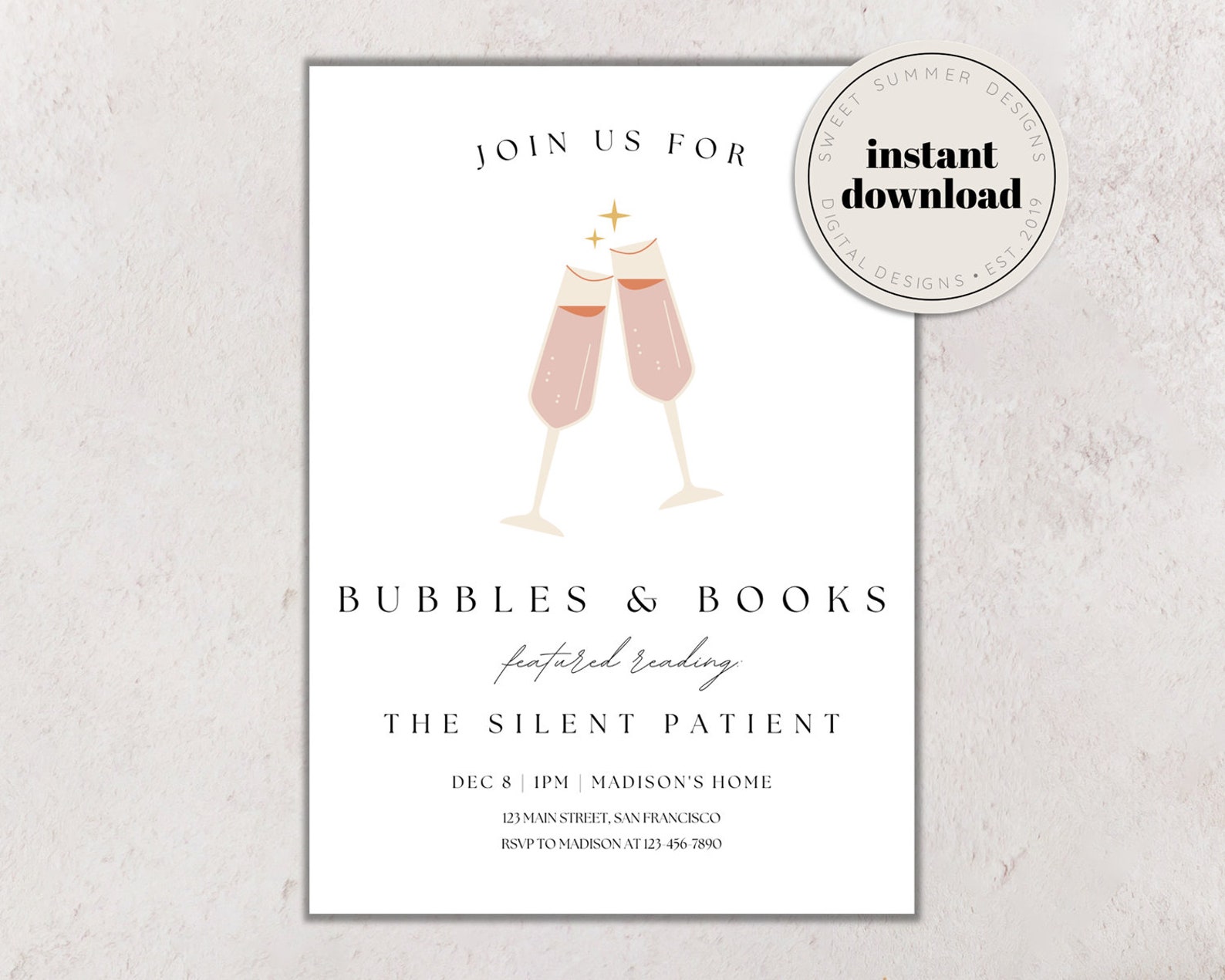 Champagne Book Club Printable Invitation Template, Book Club Party ...