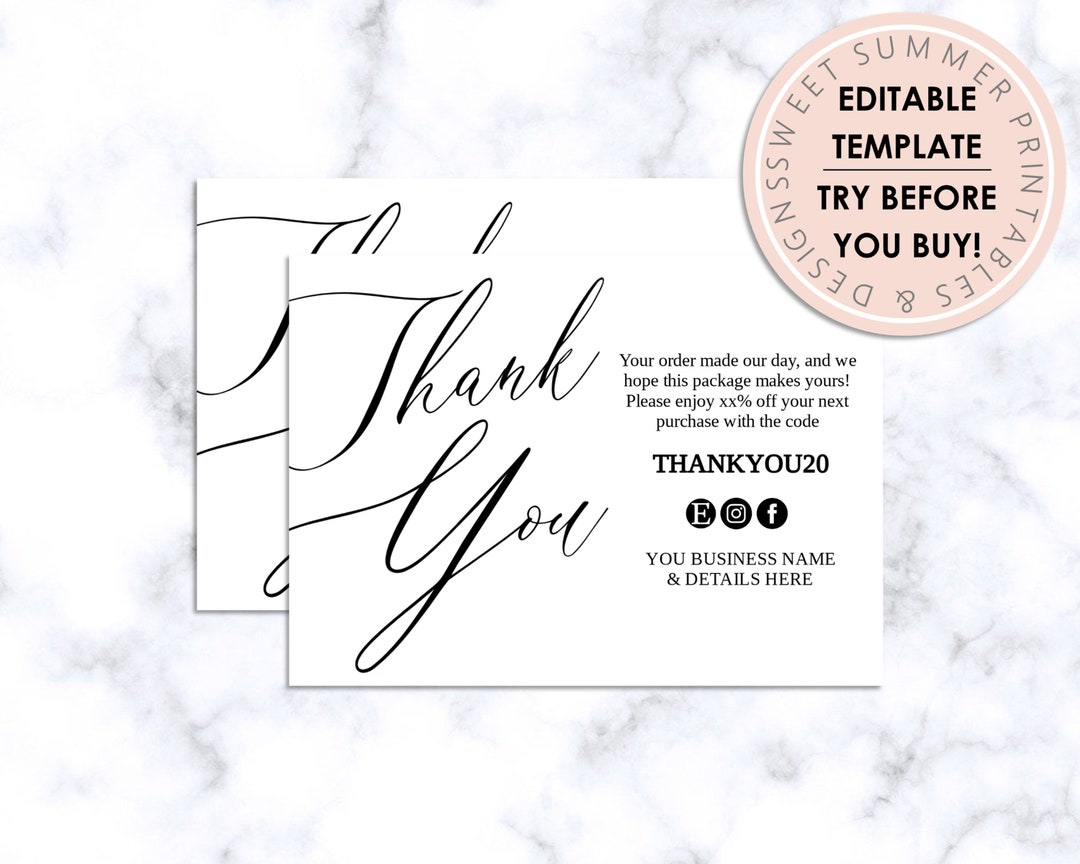 Simple Editable Thank You Packaging Insert, Business Thank You Insert ...