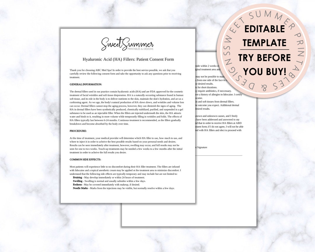 Fillers Patient Consent Form, Hyaluronic Acid Fillers Consent, Facial ...