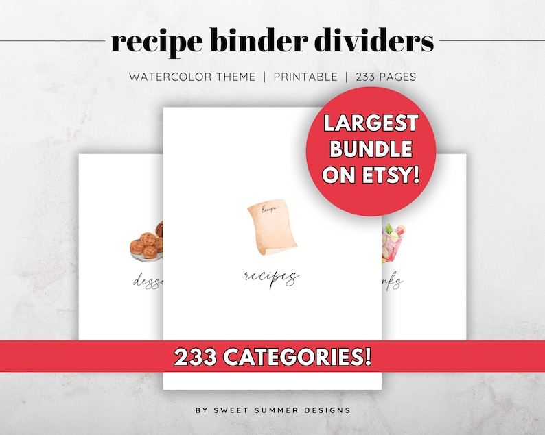 Watercolor Recipe Binder Divider Bundle – 233 Printable Categories ...
