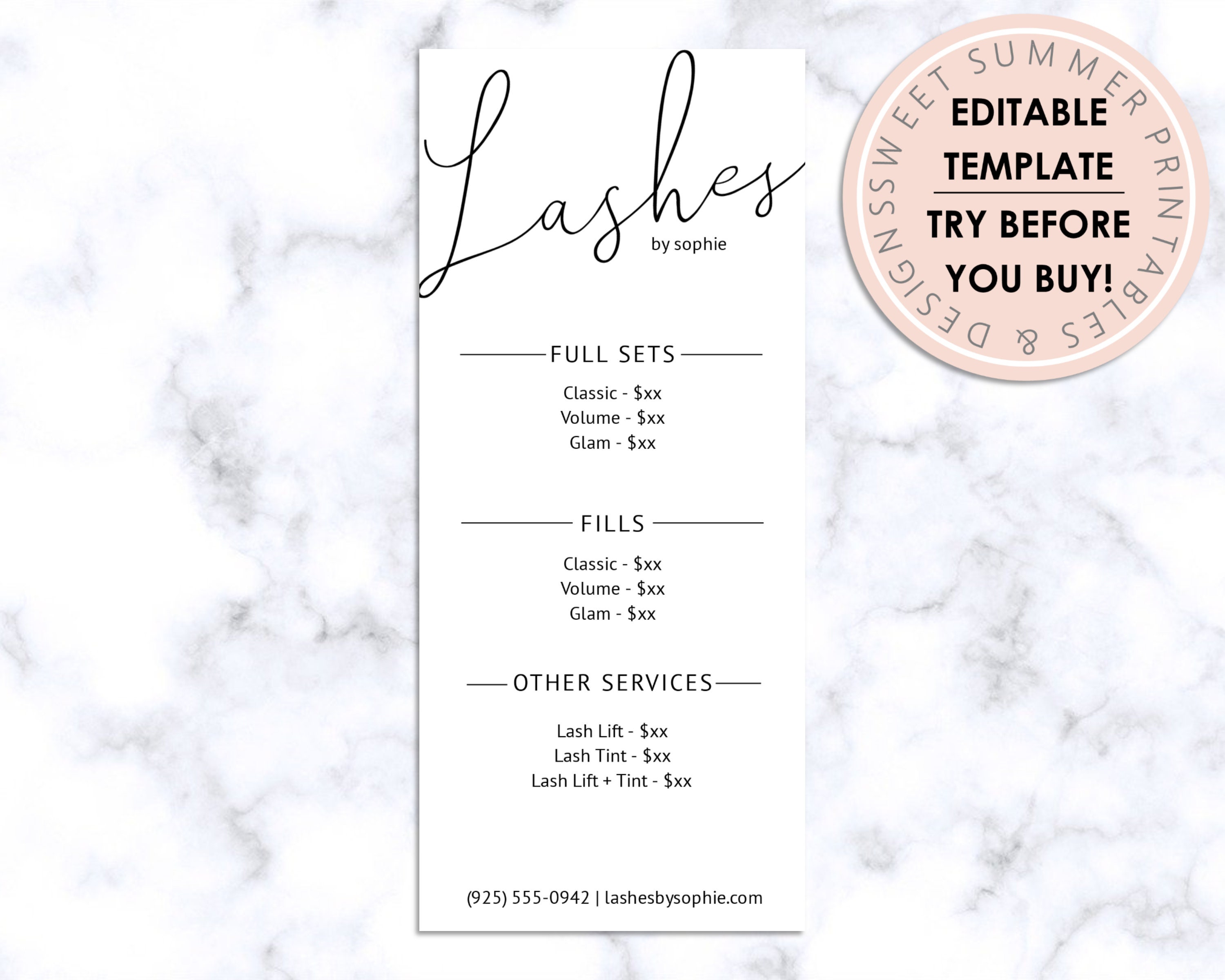 Lashes Editable Price List Lashes Editable Rack Card Lashes | Etsy