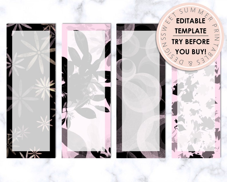 Pink & Black Floral Editable Printable Bookmark Floral - Etsy