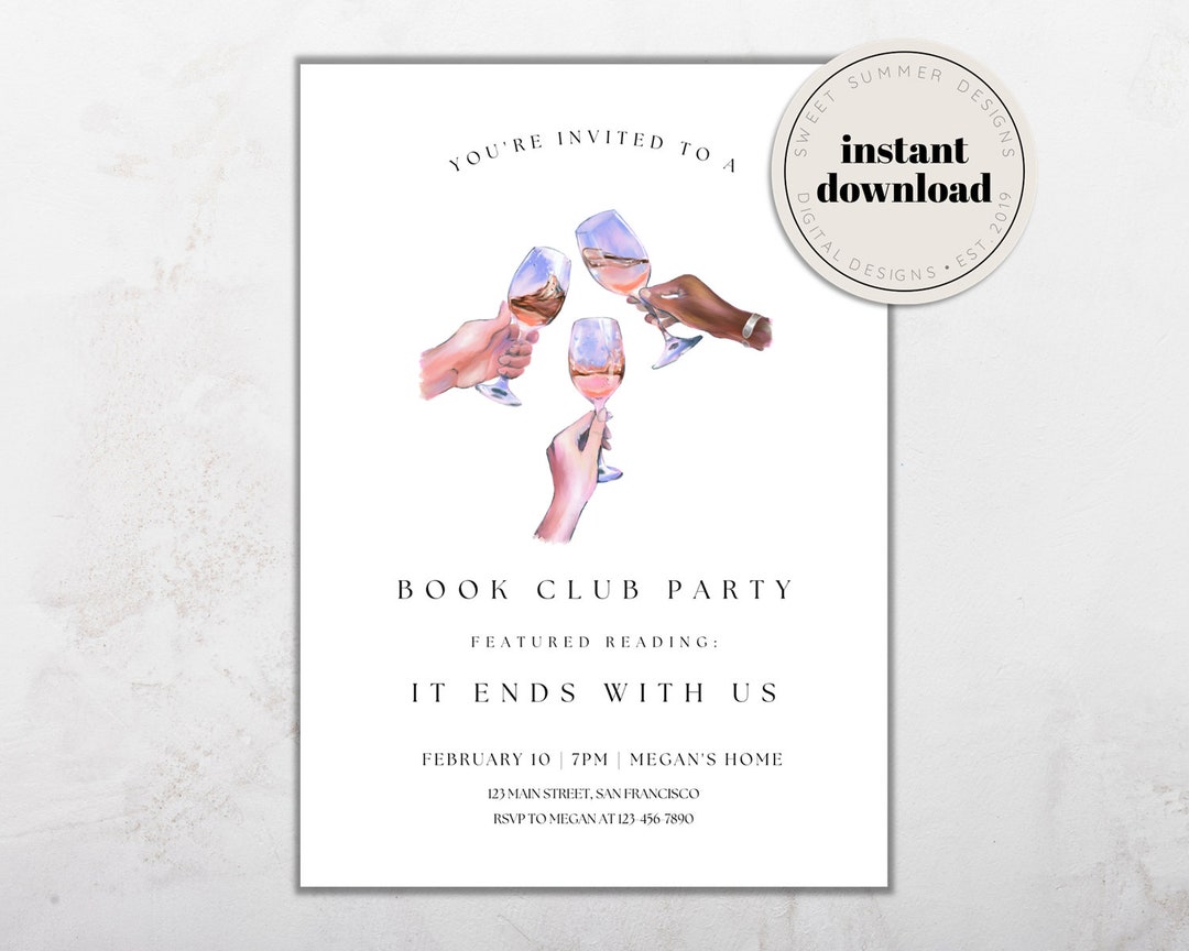 Pink Champagne Book Club Printable Invitation Template, Book Club Party ...