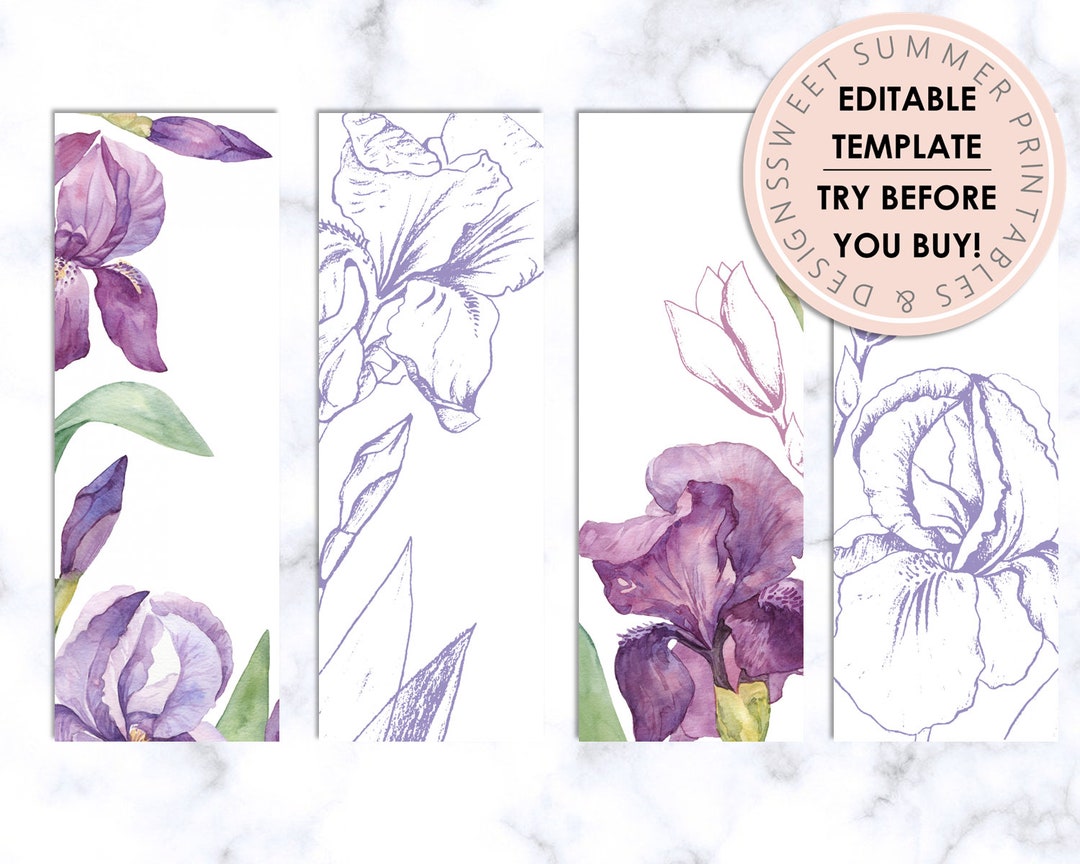 Purple Floral Editable Printable Bookmark, Floral Bookmark, Bookmark ...