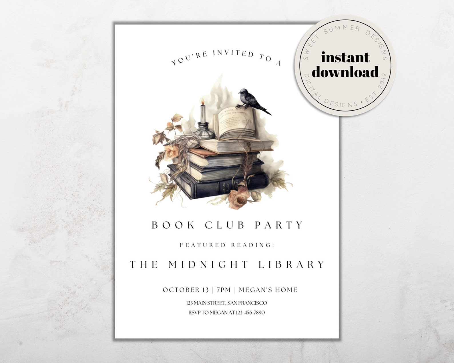 Black Crow Book Club Printable Invitation Template, Book Club Party ...