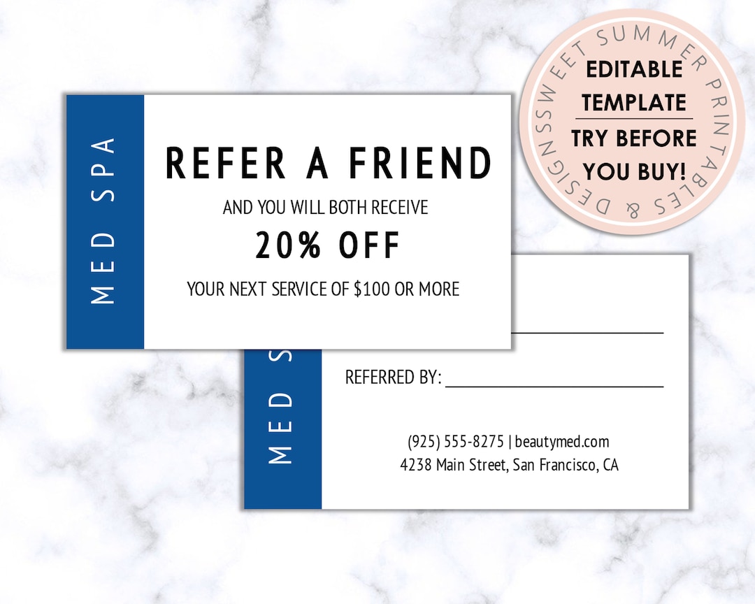 Med Spa Editable Referral Card, Esthetician Editable Rack Card, Spa Editable Refer A Friend, Spa ...
