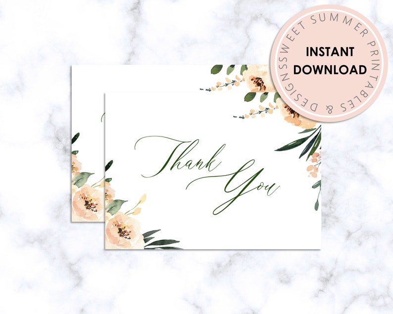 Beige Floral Thank You Card Printable, Printable Thank You Card, Thank ...