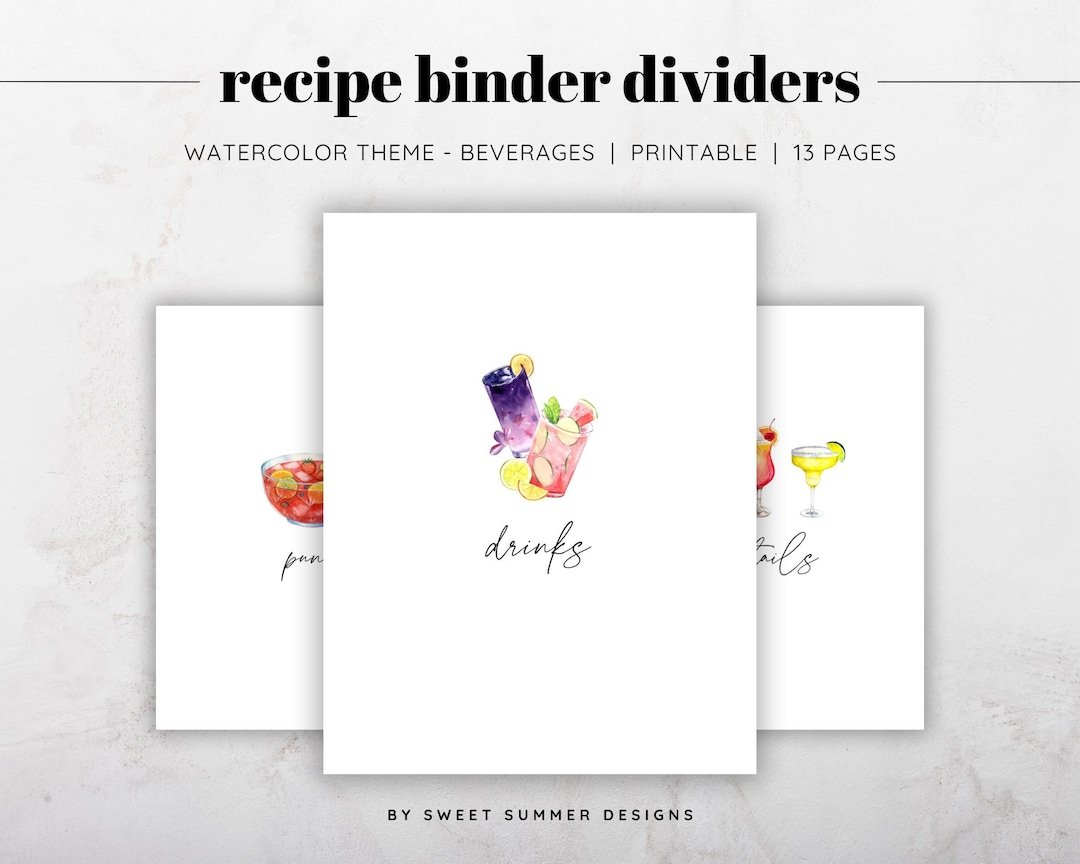 Printable Watercolor Beverages Recipe Binder Dividers | 13 Category Set ...