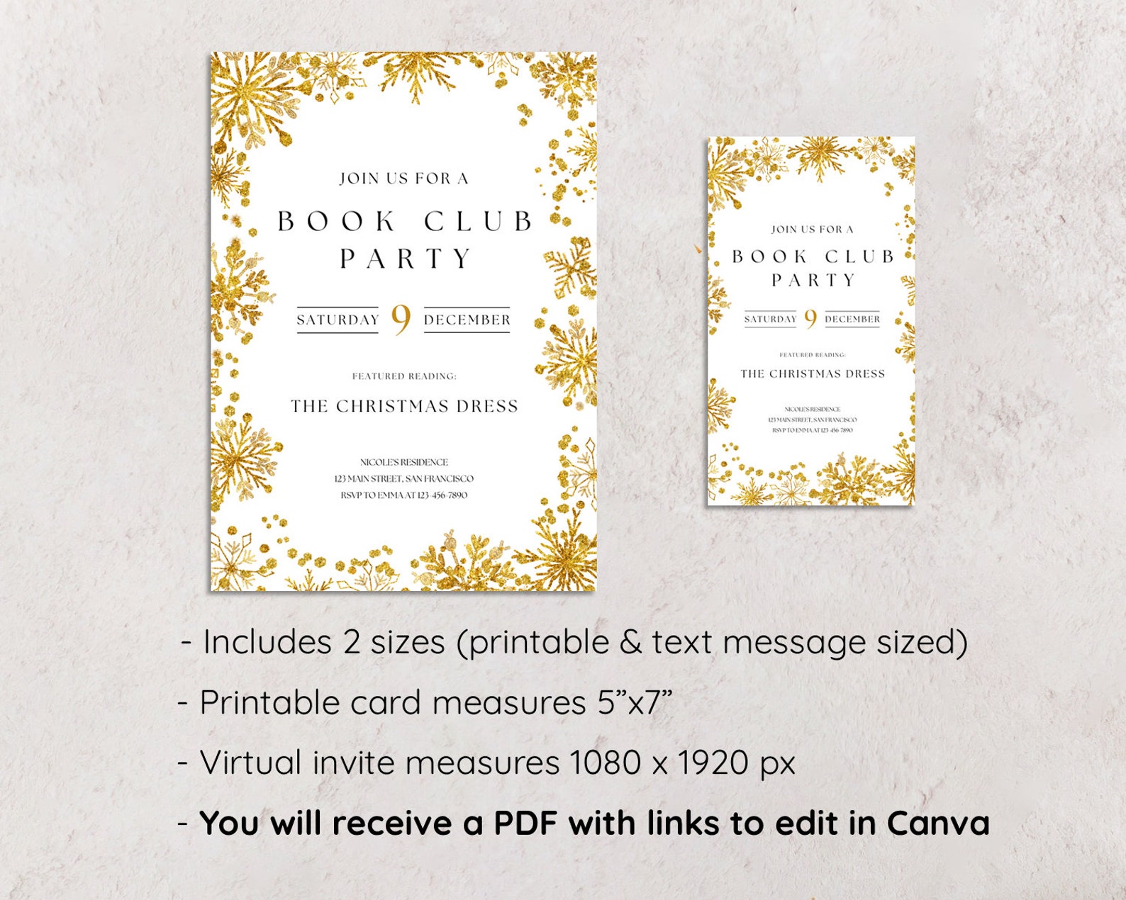 Gold Snow Book Club Printable Invitation Template, Book Club Party ...
