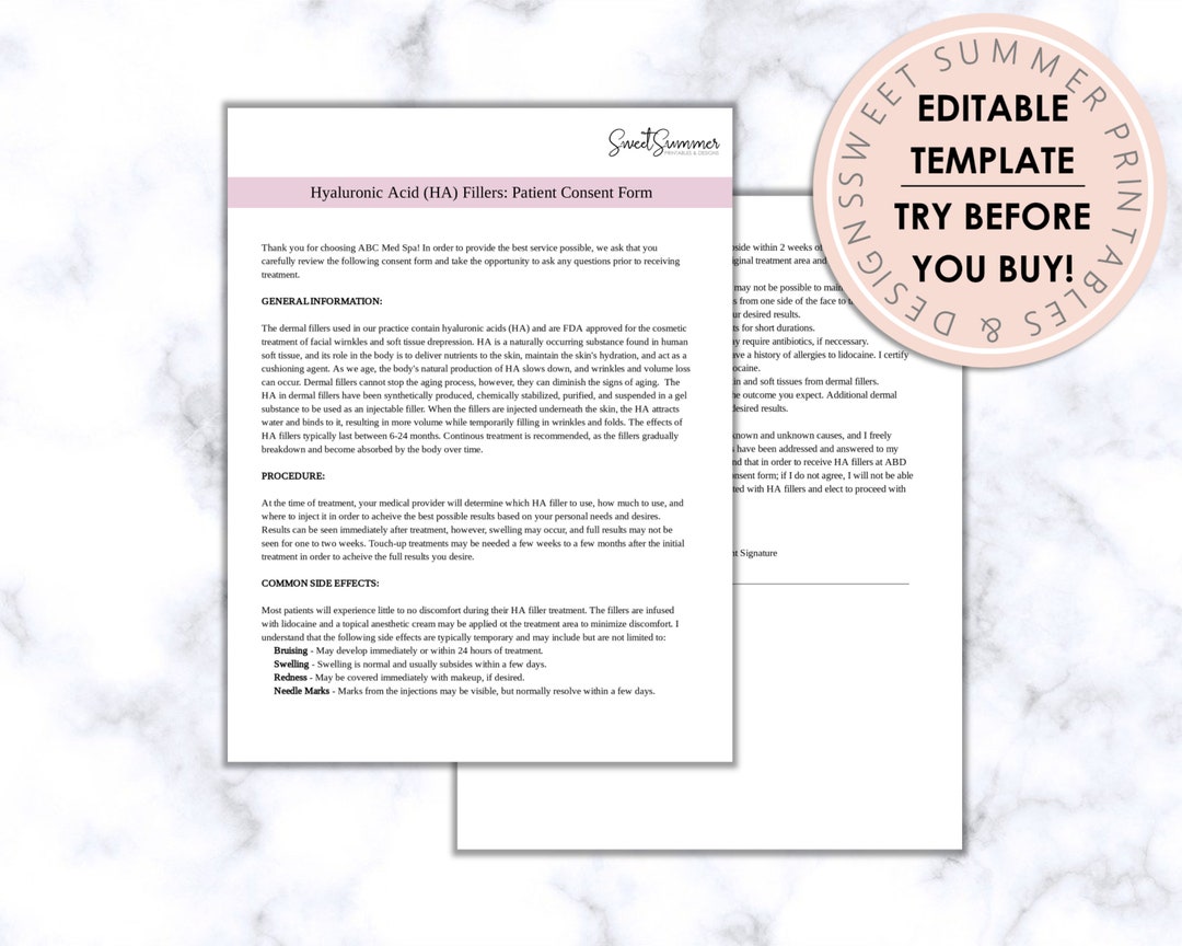 Fillers Patient Consent Form, Bold Line Consent Form, Hyaluronic Acid ...