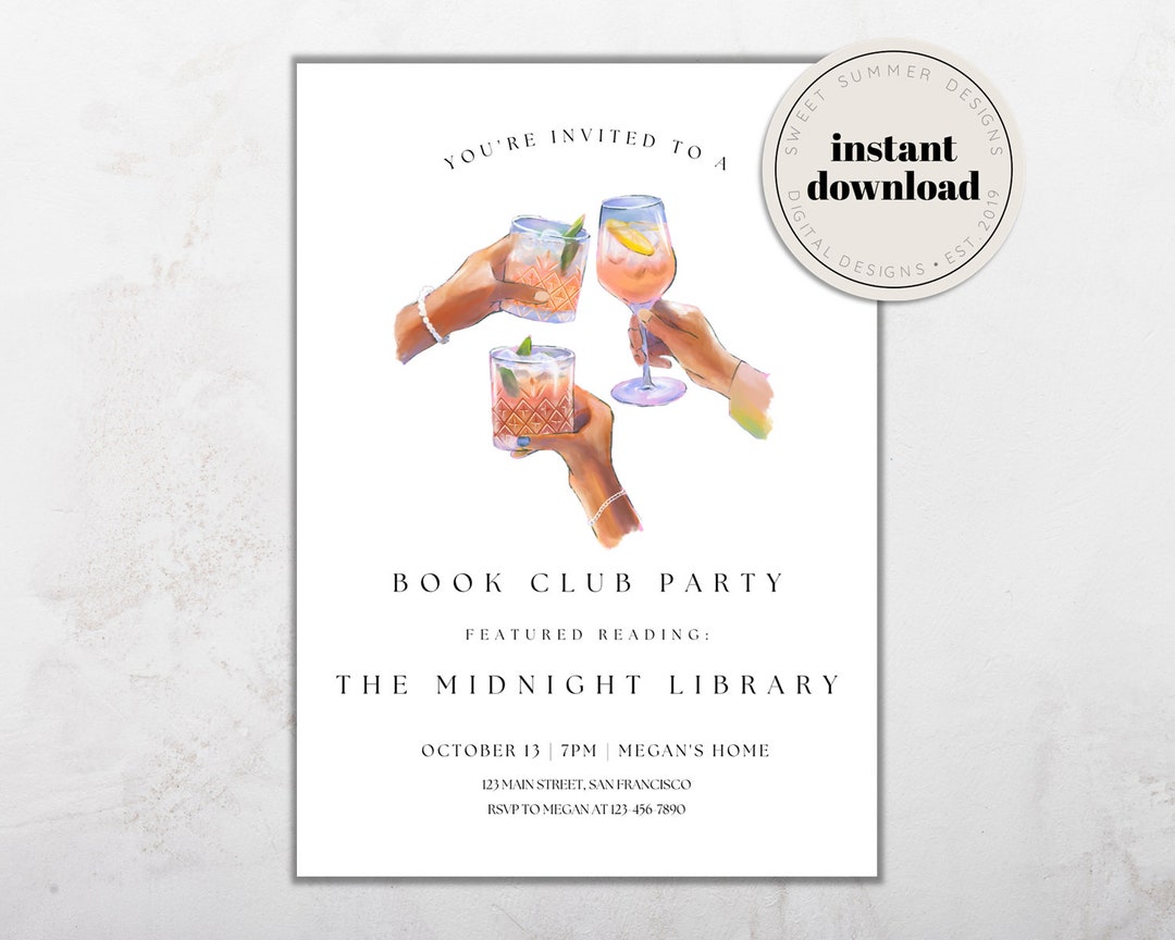 Cocktails Book Club Printable Invitation Template, Book Club Party ...