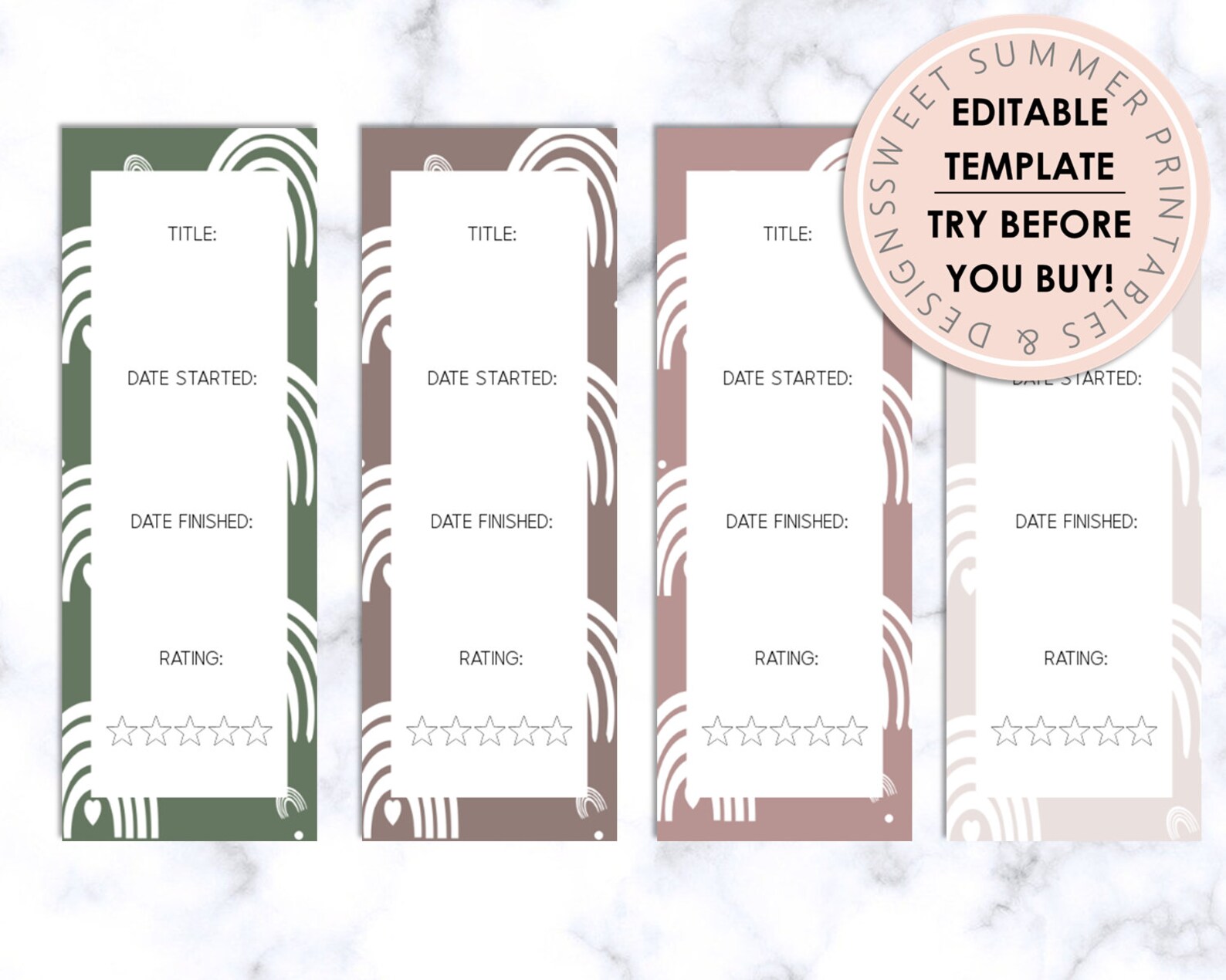 Boho Rainbow Book Review Printable Bookmark Book Review - Etsy