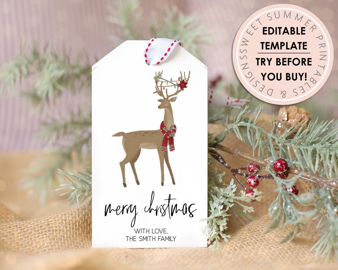 Cozy Reindeer Gift Tag Printable, Editable Christmas Gift Tag, Holiday ...