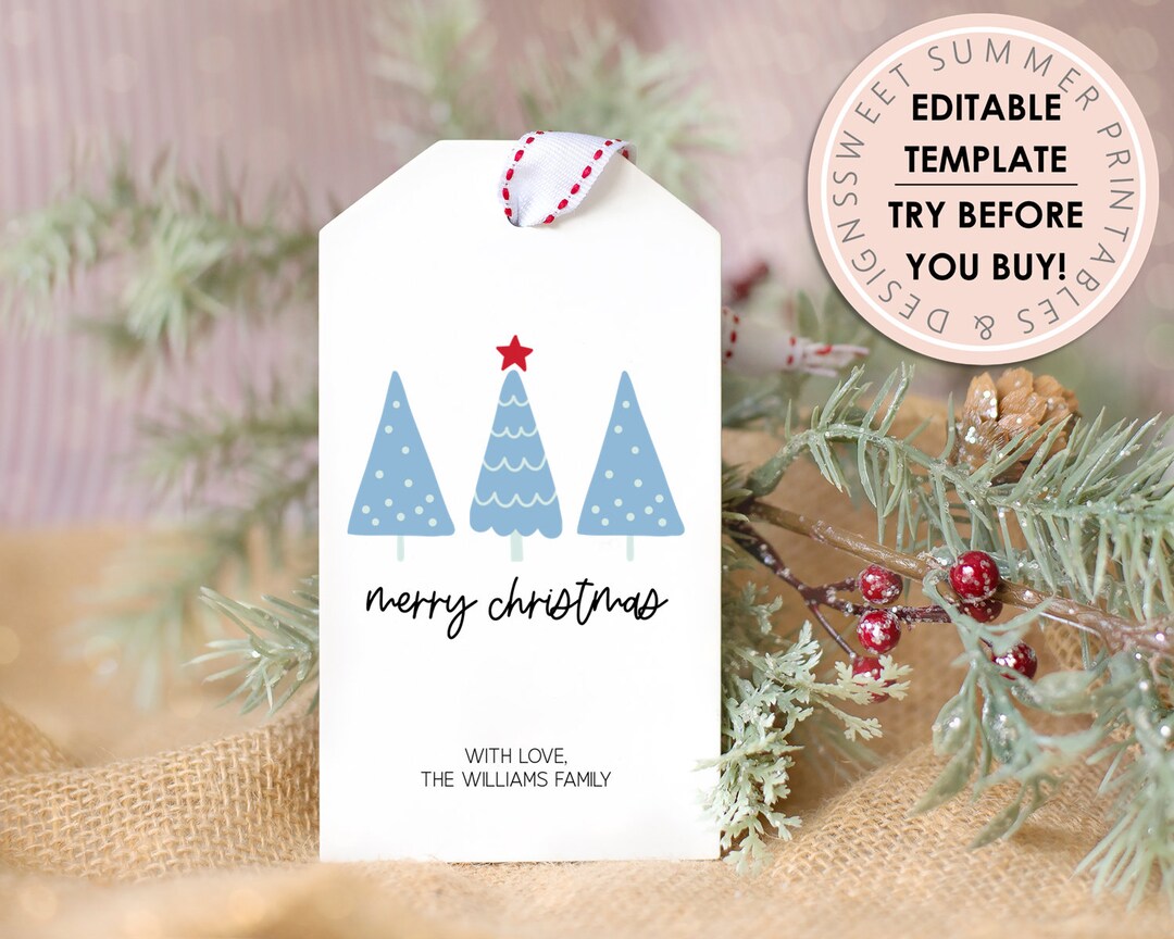 Blue Trees Christmas Gift Tag Printable, Editable Christmas Gift Tag ...