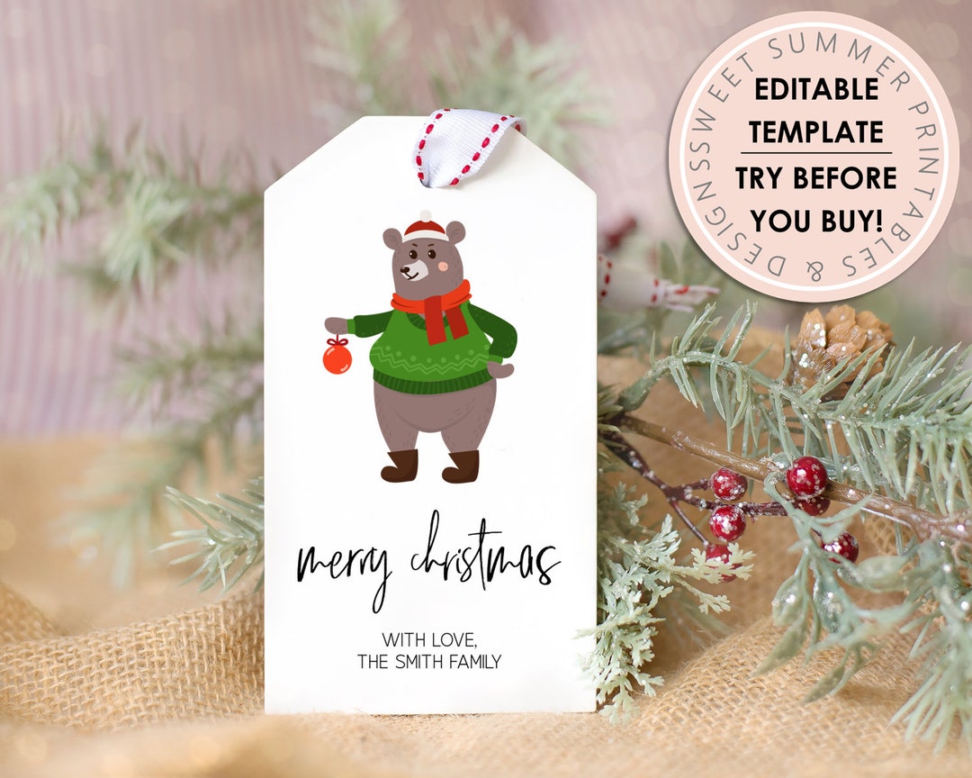 Winter Bear Christmas Gift Tag Printable, Editable Christmas Gift Tag ...