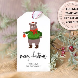 Winter Bear Christmas Gift Tag Printable, Editable Christmas Gift Tag ...