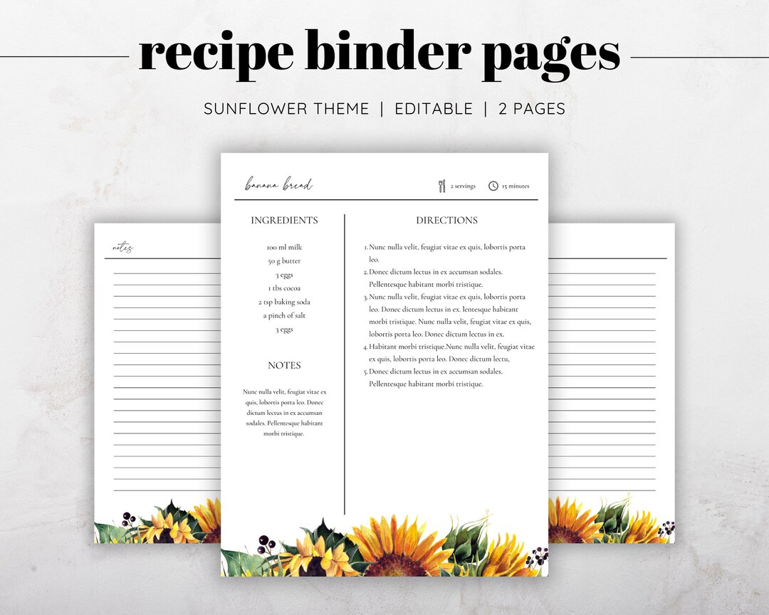 Sunflower Recipe and Notes Pages, Recipe Binder Printable Sections ...