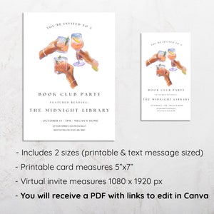 Cocktails Book Club Printable Invitation Template, Book Club Party ...