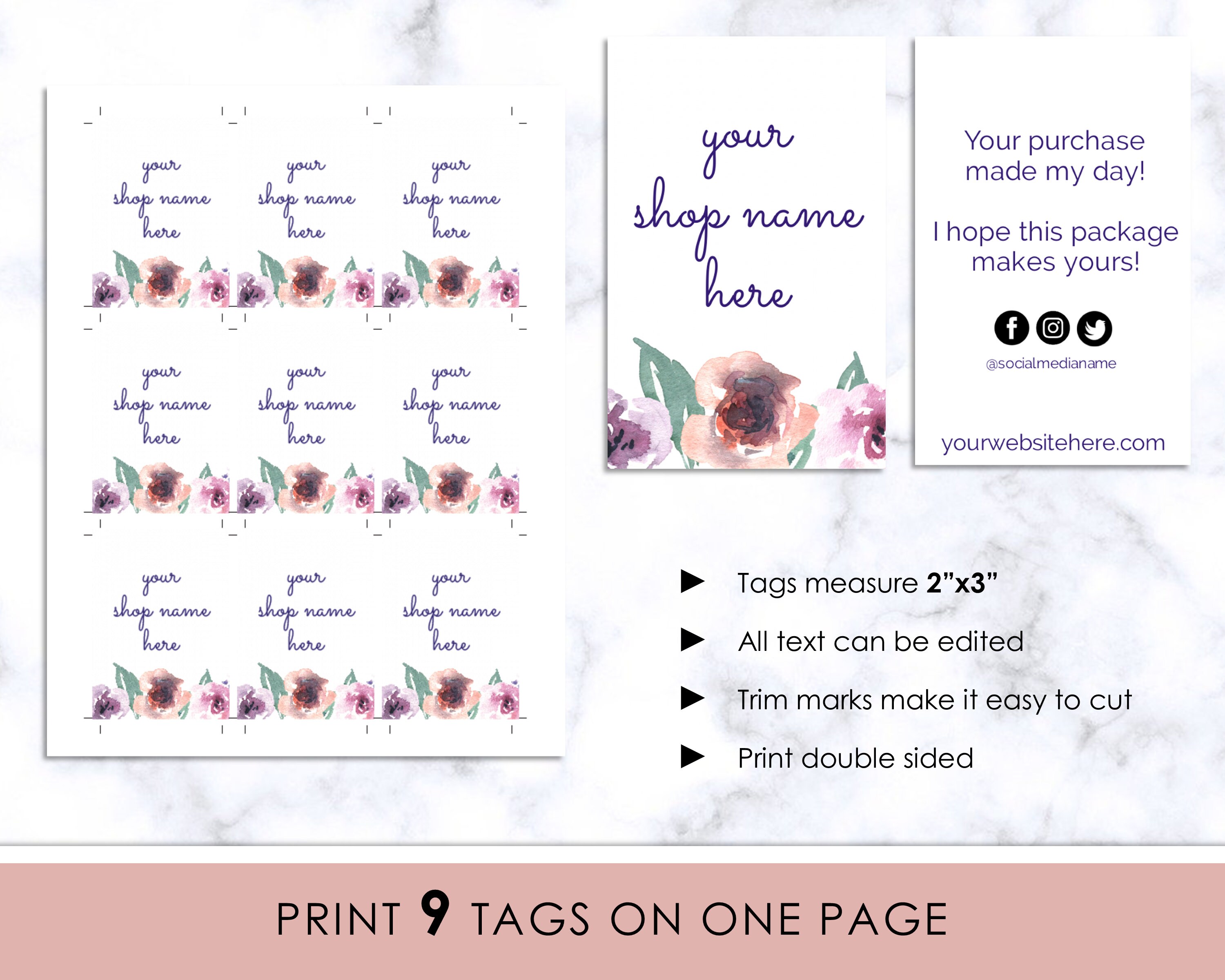 Purple Floral Clothing Tag Printable Template, Clothing Tag Editable ...