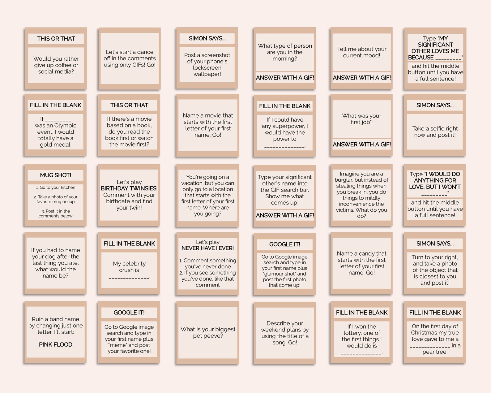 100 Tan Facebook Games Interactive Posts Social Media Games - Etsy