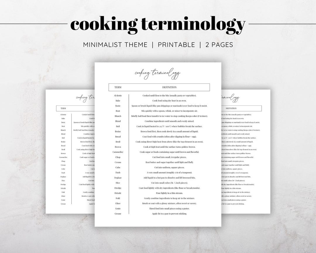 Cooking Terminology Cheat Sheet Printable | Kitchen Reference Guide ...