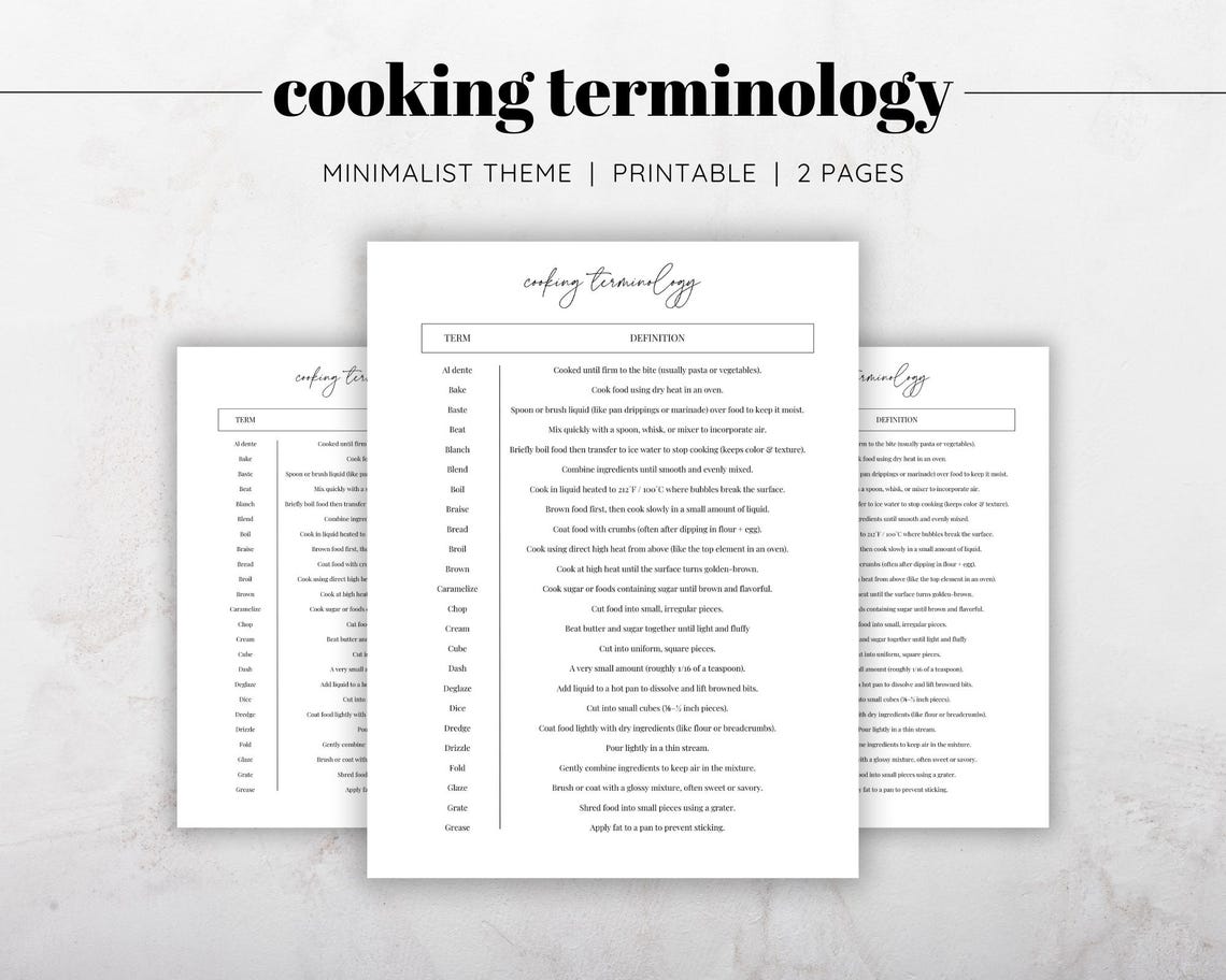 Cooking Terminology Cheat Sheet Printable | Kitchen Reference Guide ...