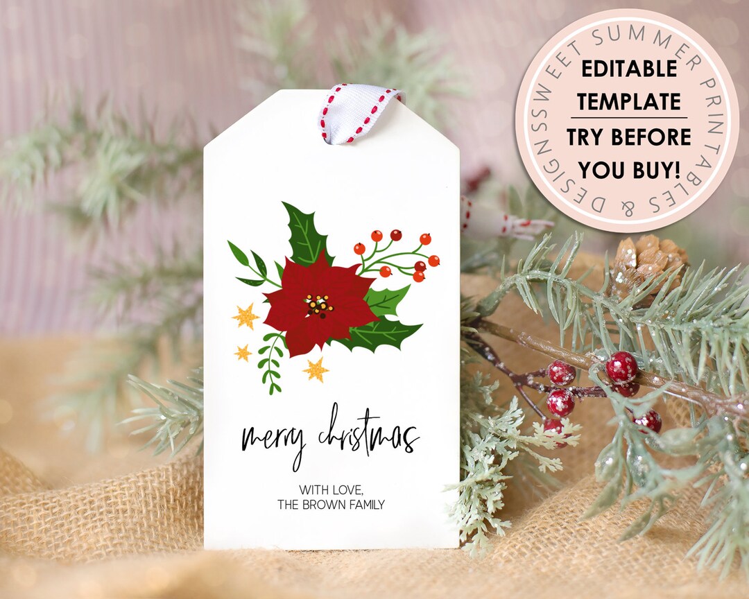 Poinsettia Christmas Gift Tag Printable, Editable Christmas Gift Tag ...