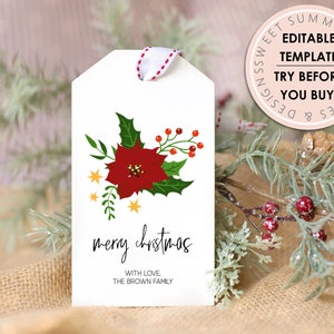 Poinsettia Christmas Gift Tag Printable, Editable Christmas Gift Tag ...