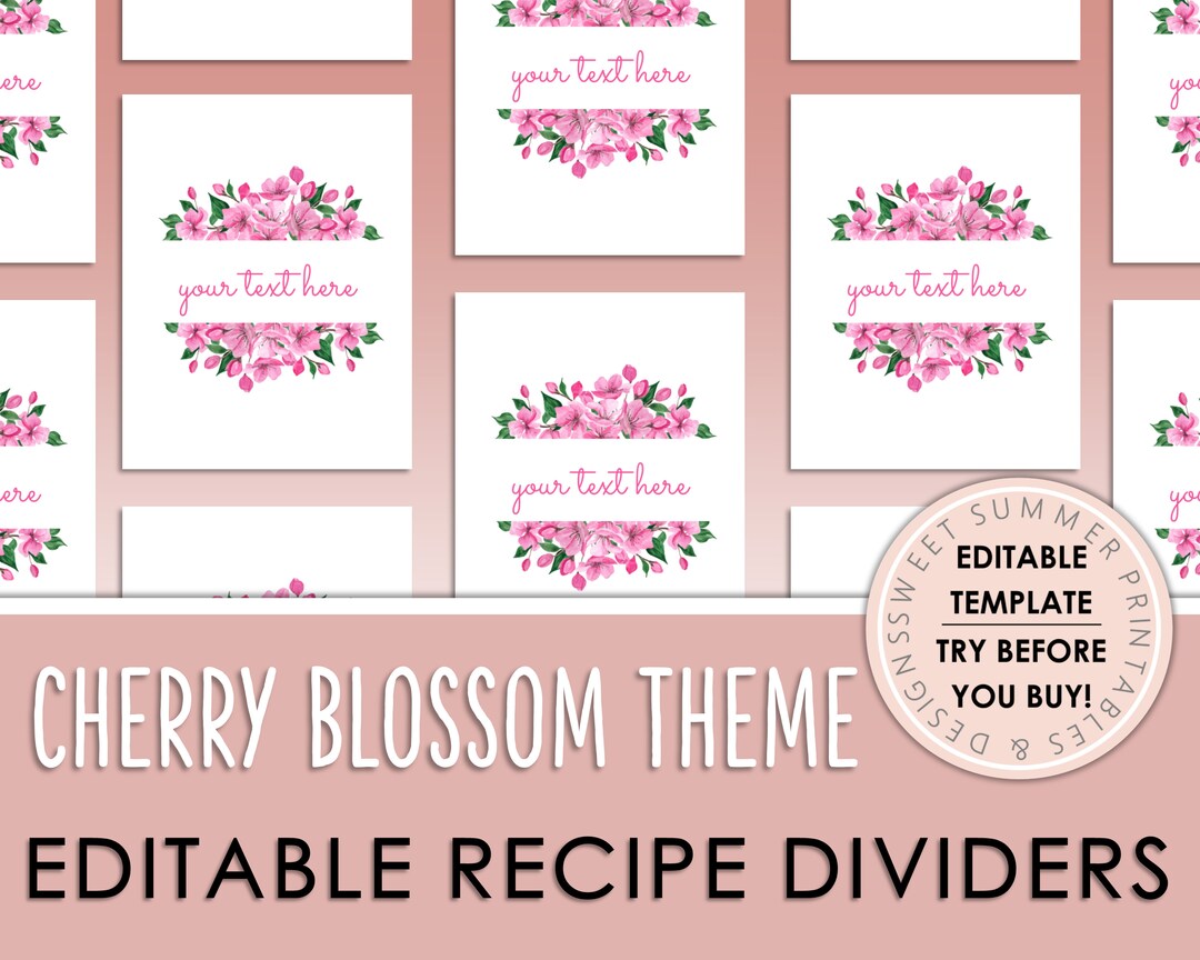 Editable Cherry Blossom Recipe Binder Dividers, Recipe Binder Printable ...