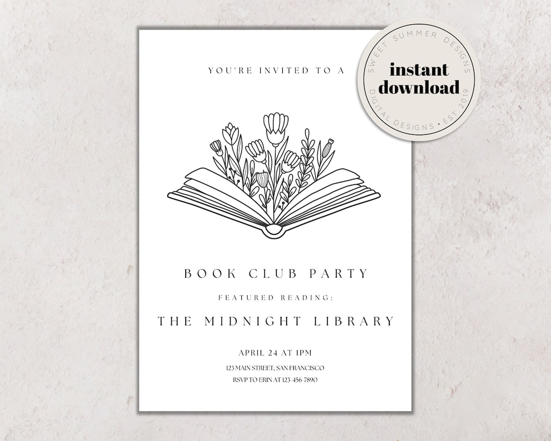 Minimalist Book Club Printable Invitation Template, Book Club Party ...