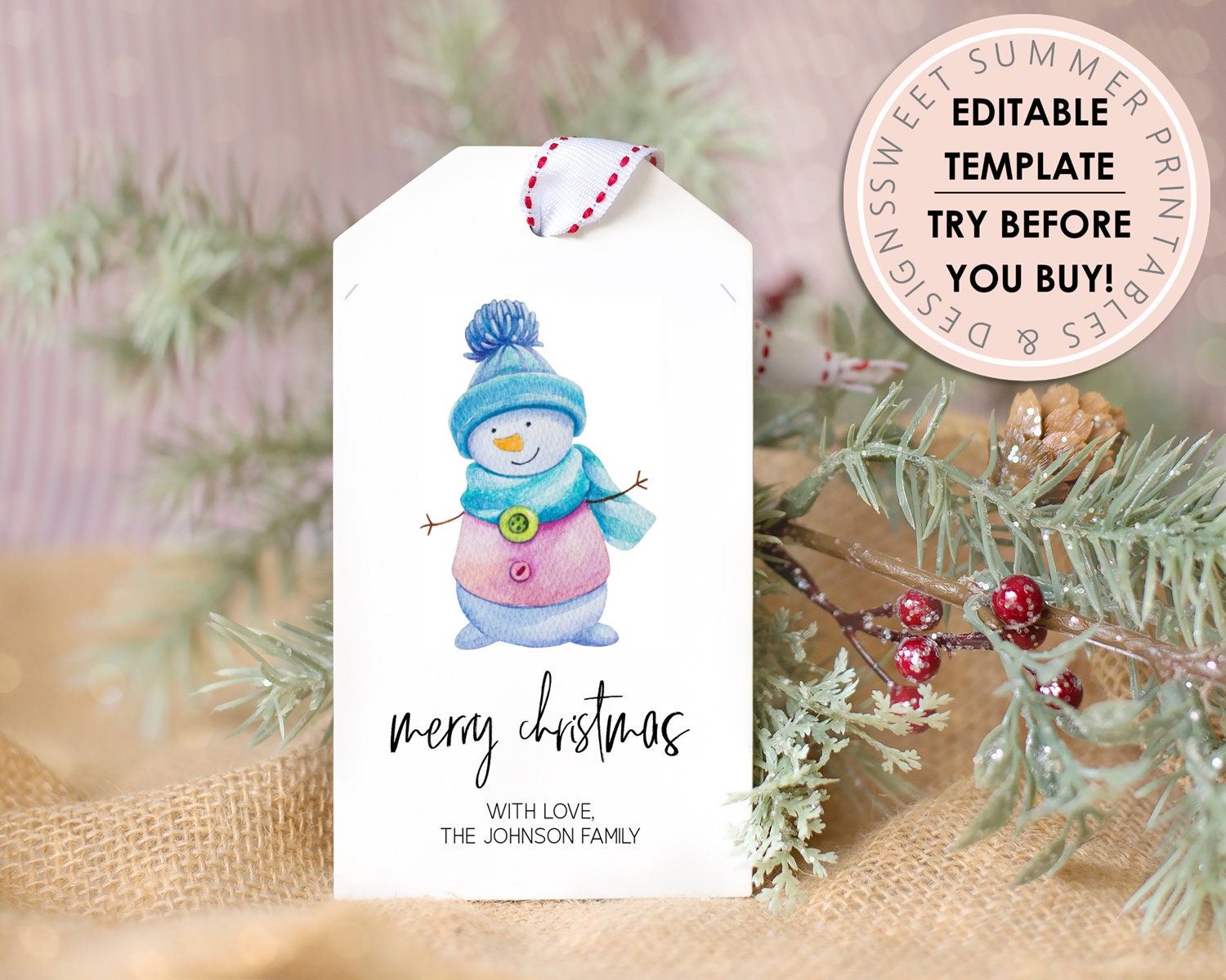Cozy Snowman Gift Tag Printable, Editable Christmas Gift Tag, Holiday ...