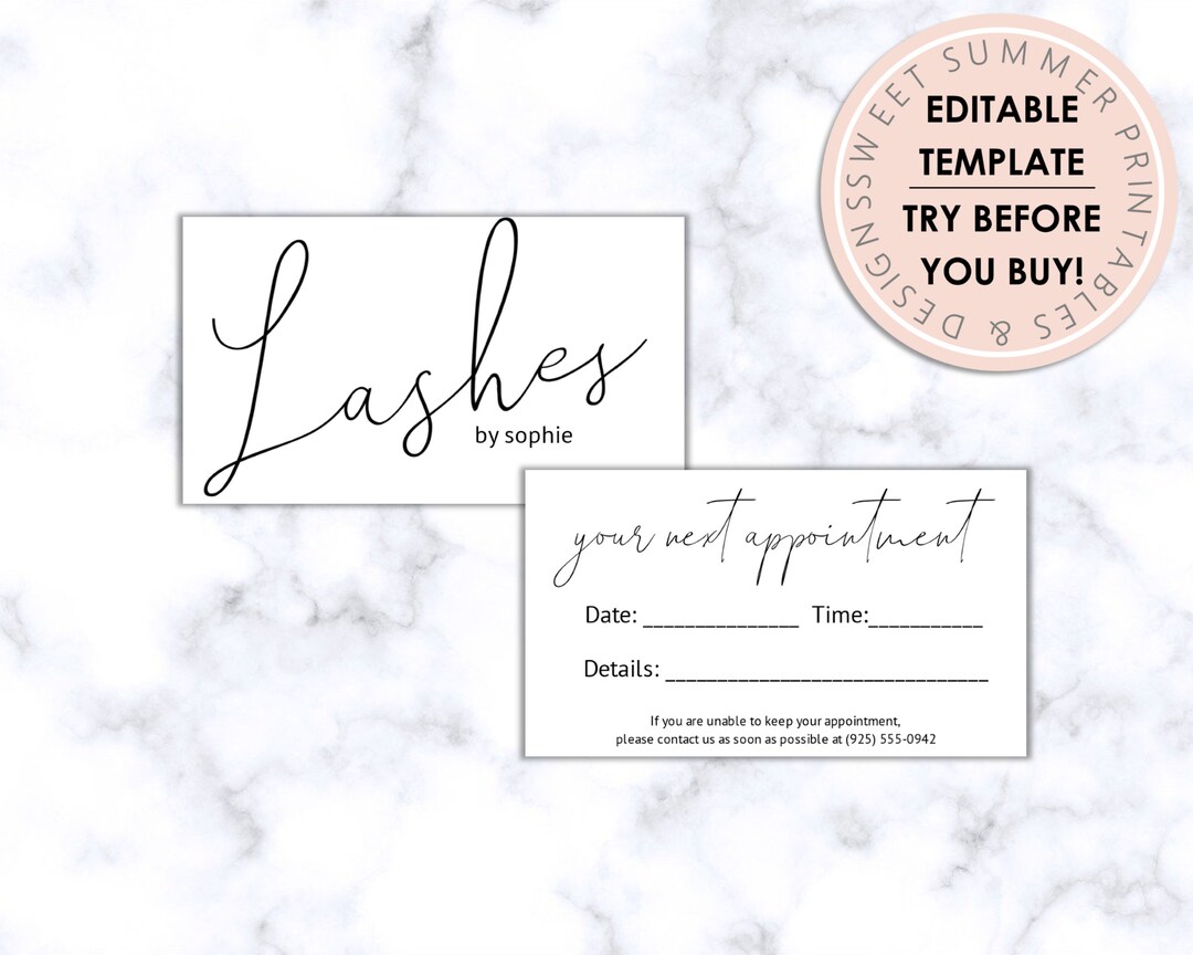 Lashes Editable Appointment Card, Lashes Editable Appointment Reminder ...