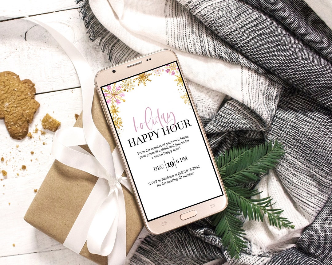 Invitación rosa y dorada de Happy Hour de vacaciones virtuales ...