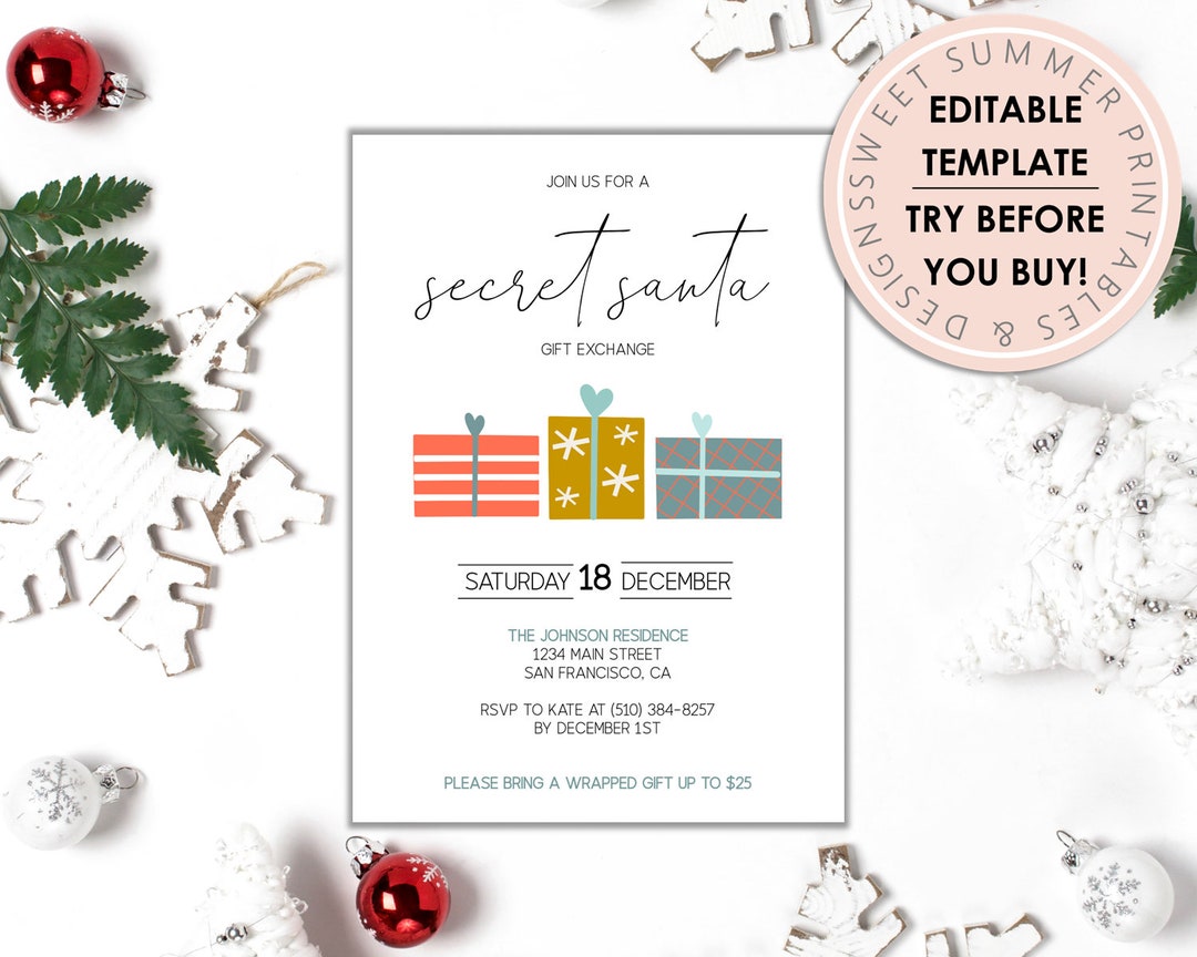 Secret Santa Colorful Printable Gift Exchange Invitation, Holiday ...