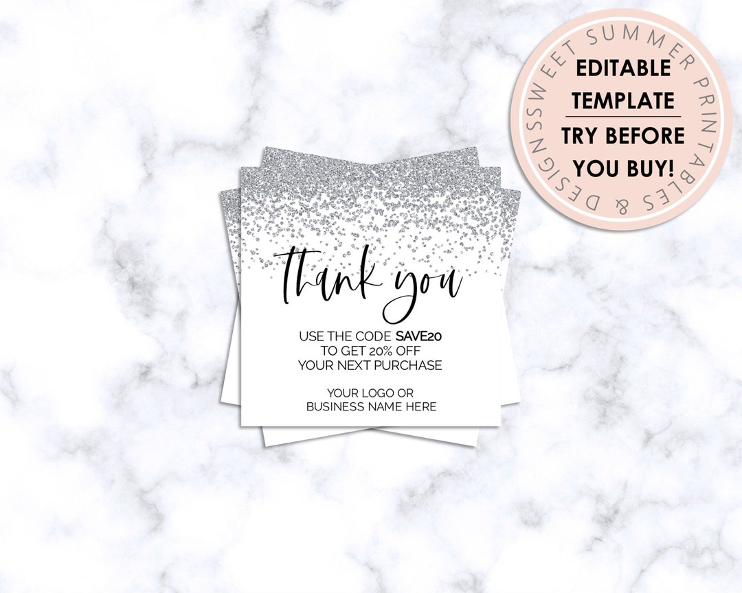 Silver Glitter Thank You Coupon Inserts, Reseller Thank You Coupon ...
