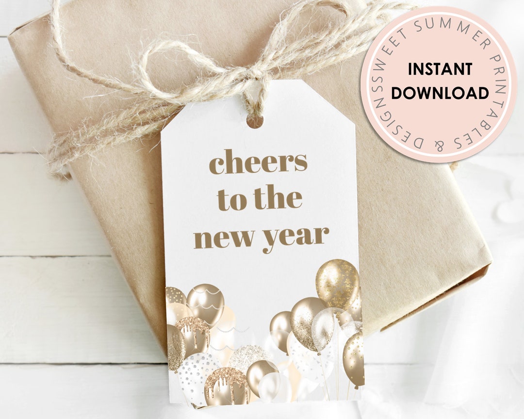 Cheers Gold New Year Tag Printable, New Year Tag, New Years Treat ...