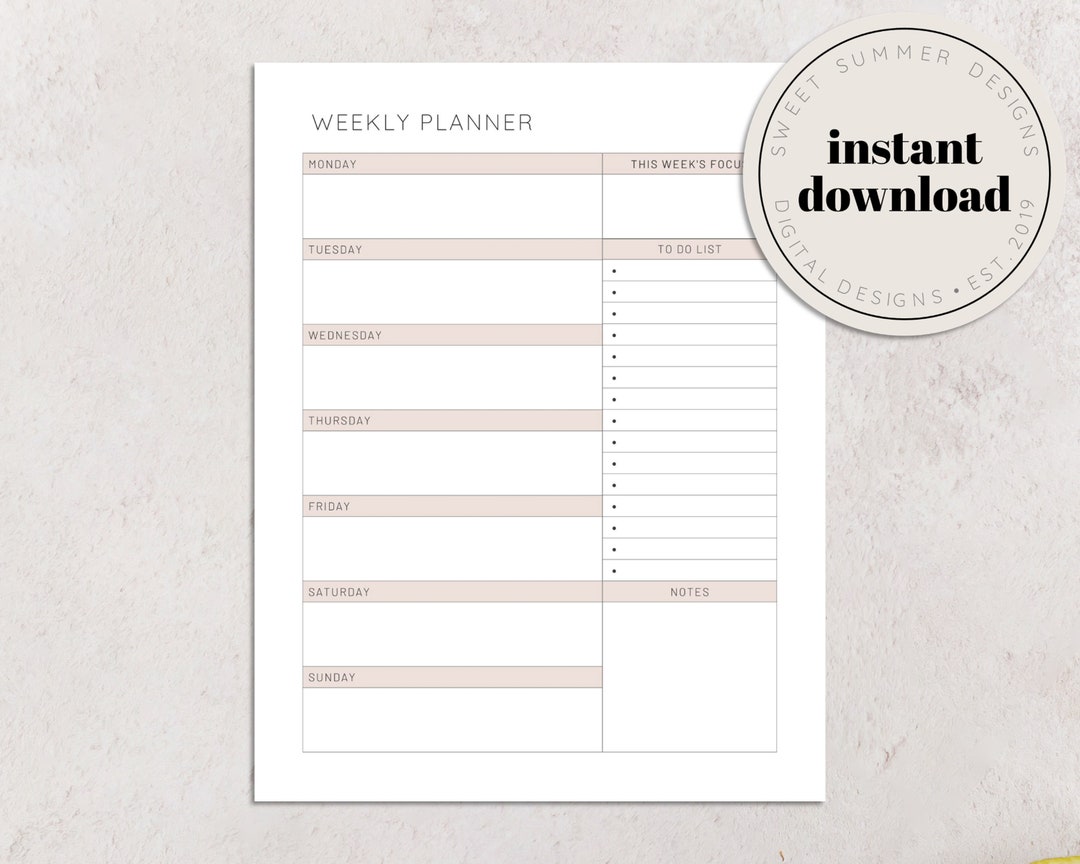Blank Weekly Planner Printable, Blank Weekly Calendar Printable, Blank ...
