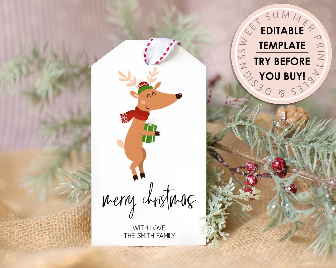 Reindeer Christmas Gift Tag Printable, Editable Christmas Gift Tag ...