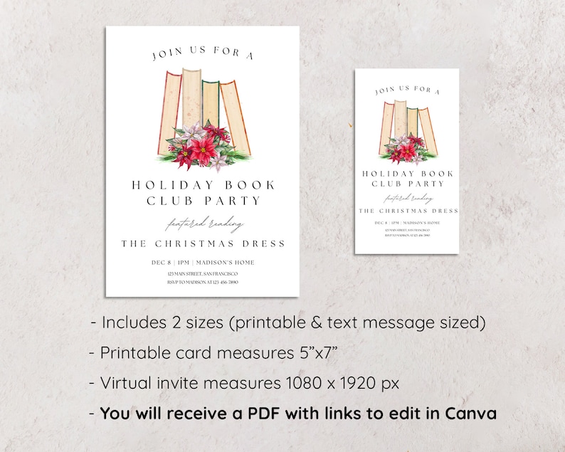 Holiday Book Club Printable Invitation Template, Book Club Party Invite ...