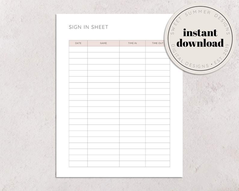 Sign in Sheet Printable, Employee Printable, Timesheet Printable ...