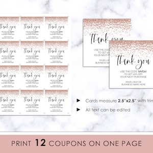Rose Gold Glitter Thank You Coupon Inserts, Reseller Thank You Coupon ...