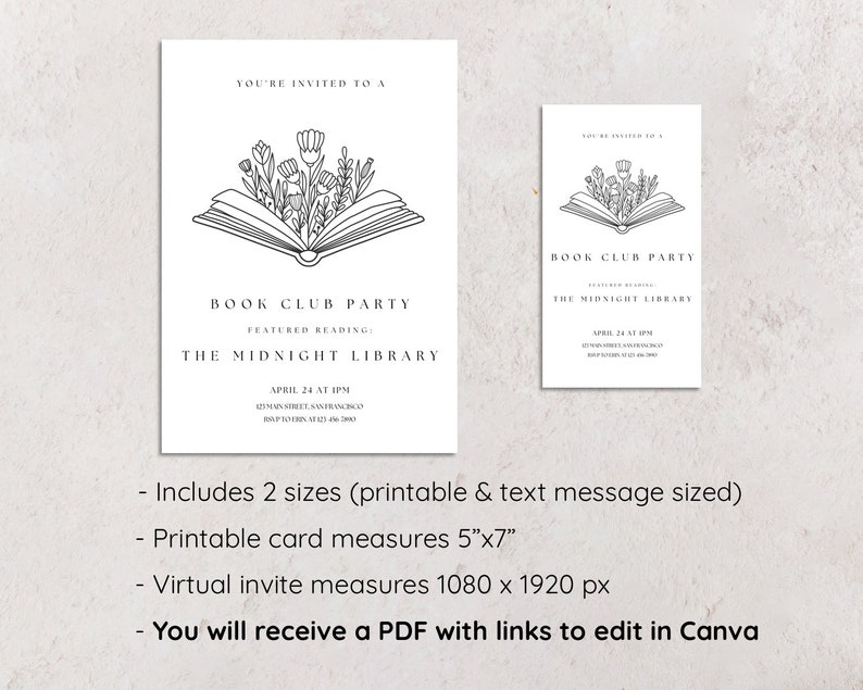 Minimalist Book Club Printable Invitation Template, Book Club Party ...