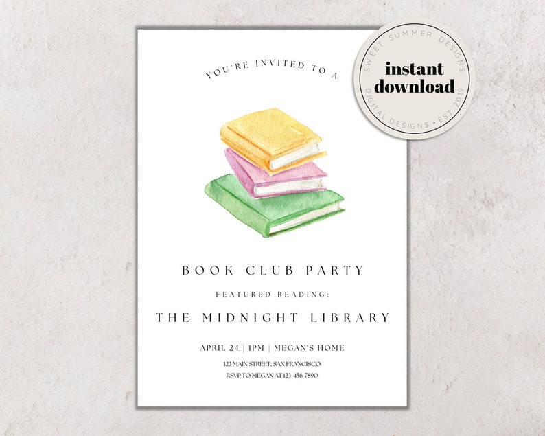 Watercolor Books Book Club Printable Invitation Template, Book Club ...