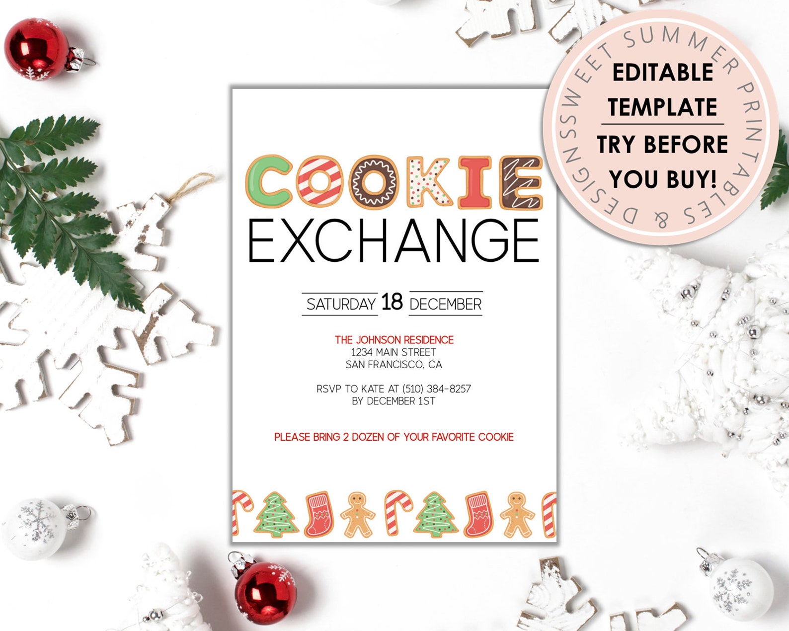 Cookie Exchange Sugar Cookie Printable Christmas Invitation, Holiday ...
