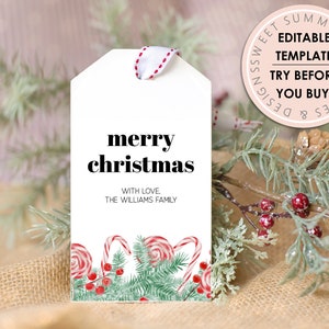 Peppermint Greenery Gift Tag Printable, Editable Christmas Gift Tag ...