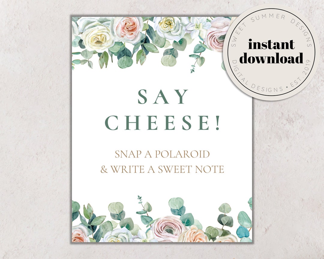 Eucalyptus Floral Baby Shower Say Cheese Sign Printable, Photo Sign ...