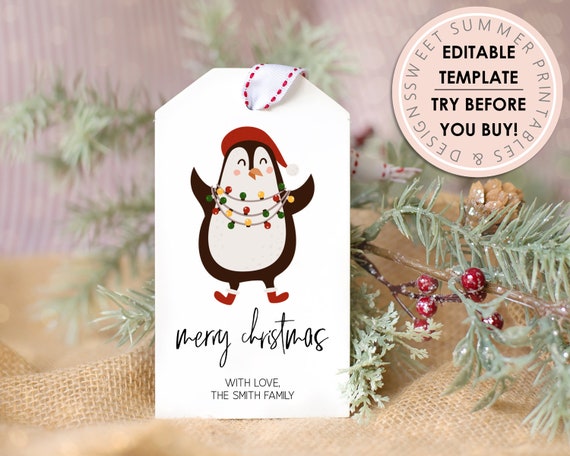 Penguin Christmas Gift Tag Printable Editable Christmas Gift | Etsy