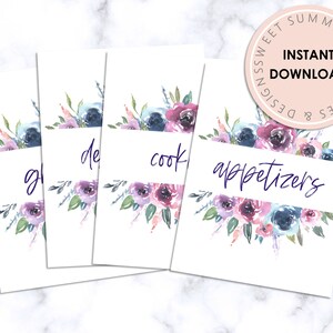 Purple Watercolor Floral Recipe Binder Dividers Printable - Etsy